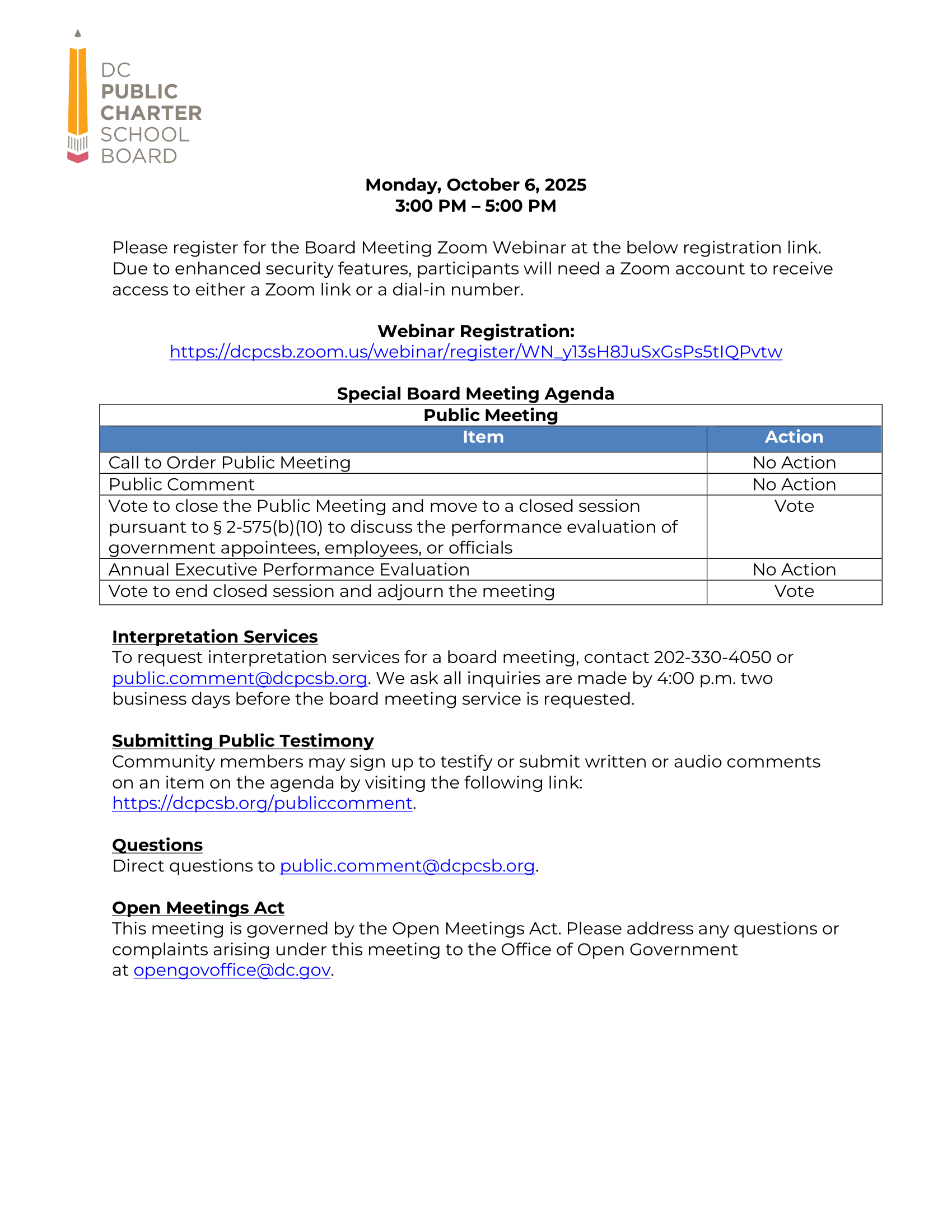 Special Board Meeting October 2025 Dc Pcsb